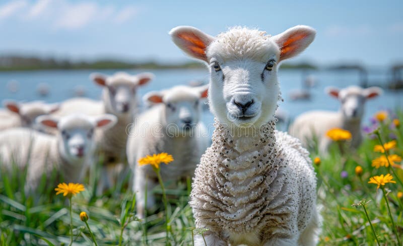 Cute Lambs in Spring. a Lambs Standing on Rock in Field Stock Image ...