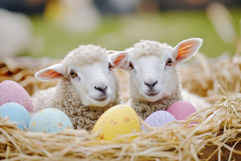 Cute Lambs Surrounded by Colorful Eggs in Spring Stock Photo - Image of ...