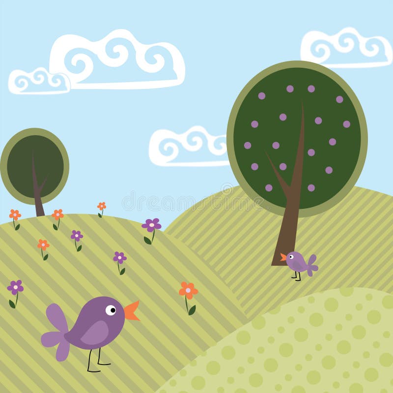 Cute Landscape 2 Trees and Birds Stock Illustration - Illustration of ...