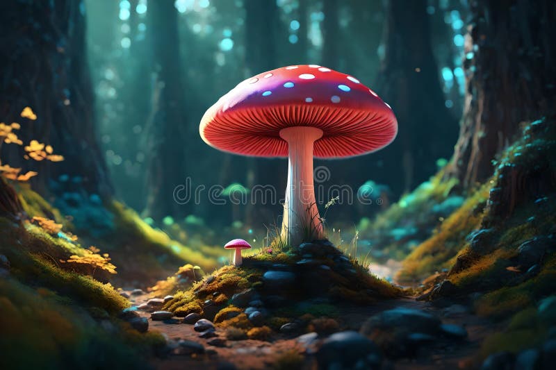 Cute Large Glowing Mushroom in the Middle of a Jungle, Creating a ...