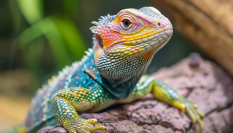A Cute, Large Lizard with Multi Colored Scales Looking at Camera Stock ...