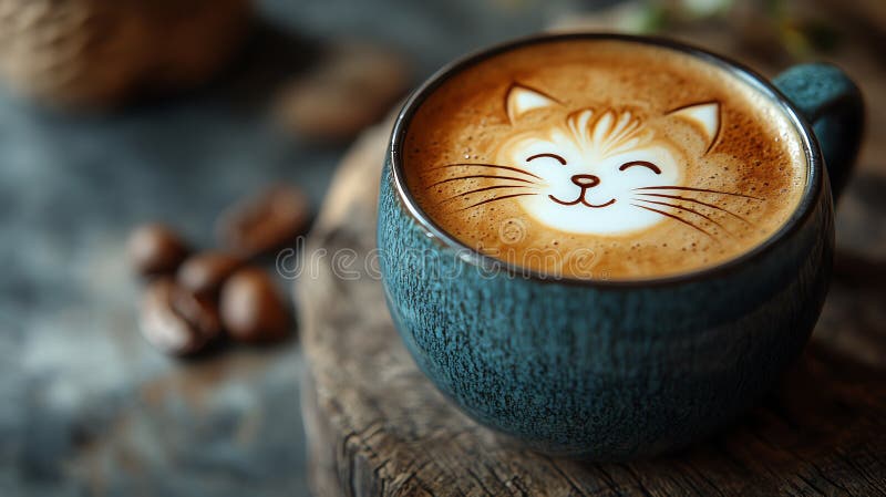 Cute Latte Art with a Smiling Cat Face in a Coffee Cup on a Wooden ...