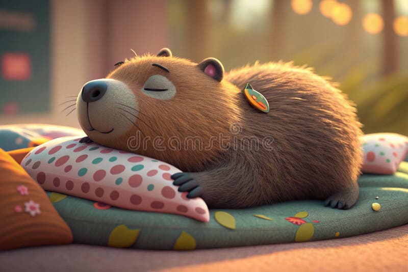 Cute Lazy Capybara Sleeping Cartoon Character 3d Rendering - Generated by Ai Stock Illustration ...