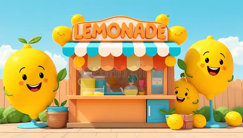 A Cute Lemonade Stand Surrounded by Smiling Lemon Characters Stock ...