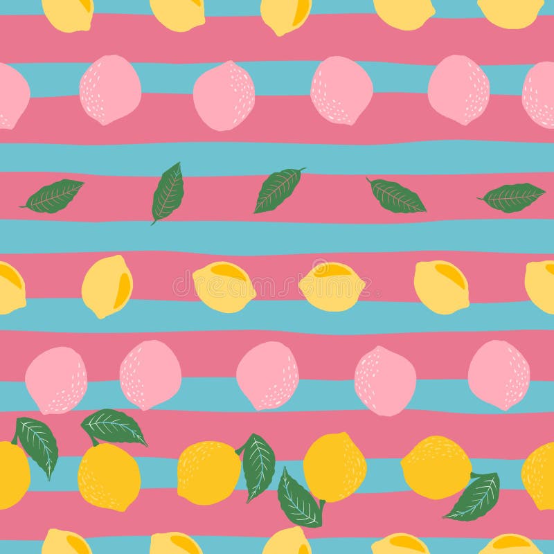 Cute Lemons Seamless Pattern Design on Pink Blue Stripes Background ...