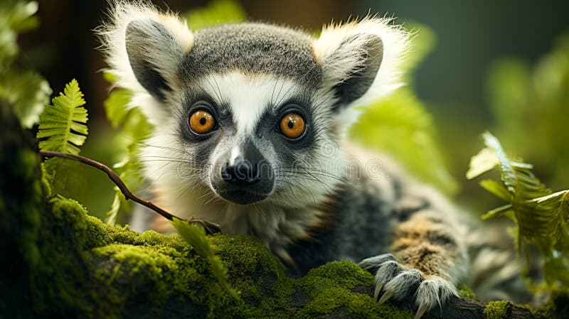 Cute Lemur Primate Looking at Camera Black and White Portrait Stock ...