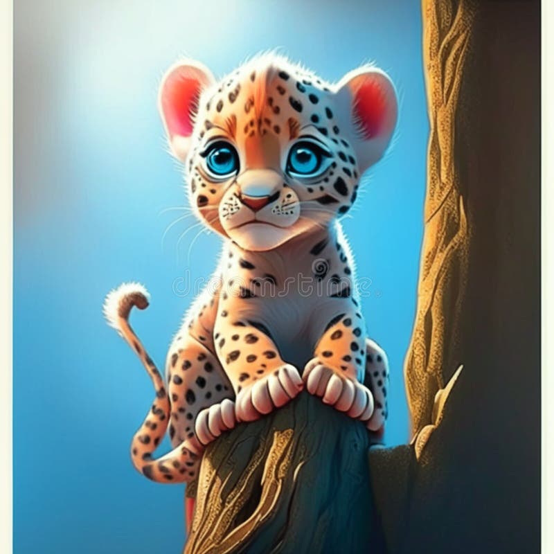 Cute Leopard Cub Sitting on a Tree Branch. 3d Rendering AI Generated ...