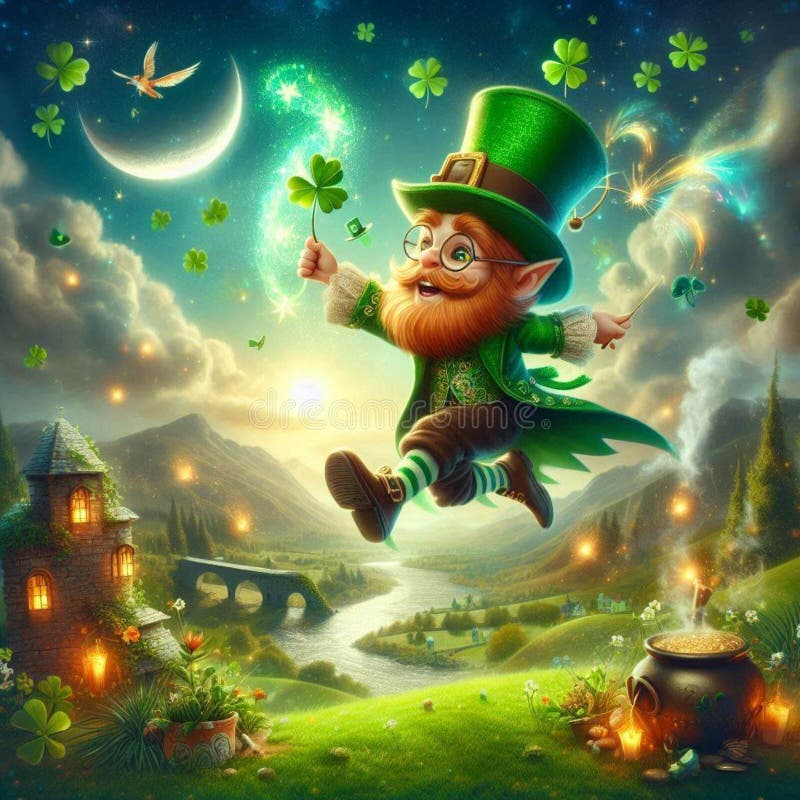 Cute Leprechaun Jump for Joy in Magical Clover Leaf Land Stock Photo ...