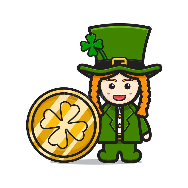 Cute Leprechaun Saint Patrick Day Character Holding Clover Coin Stock