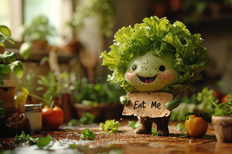 A Cute Lettuce Smile Holding a Sign Eat Me. Generative AI Stock ...