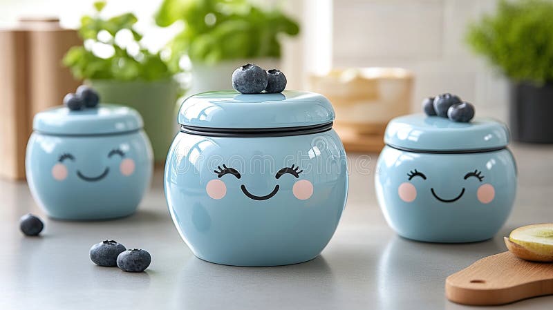Cute Light-blue Ceramic Jars with Smiley Faces, Topped with Blueberries ...