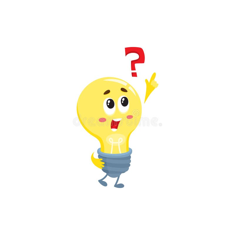 Cute Light Bulb Character with Funny Face and Question Mark Stock ...