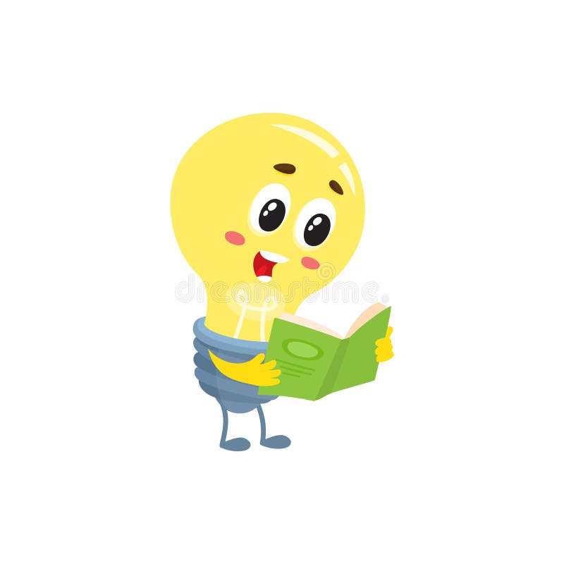 Cute Light Bulb Character with Funny Face Reading a Book Stock Vector ...