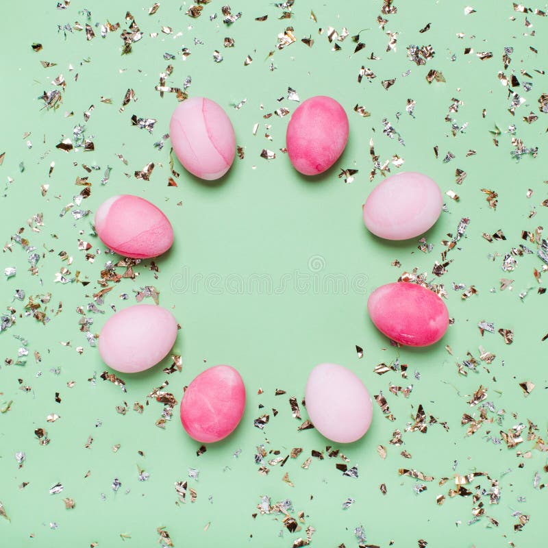 Cute Light Green Background with Pink Eggs and Gold Confetti. Stock ...