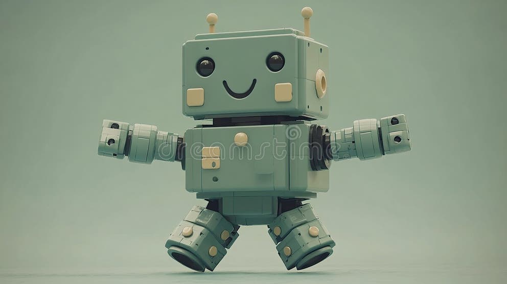 Cute Light Teal Robot Toy, Happy Expression, Playful Pose Stock ...