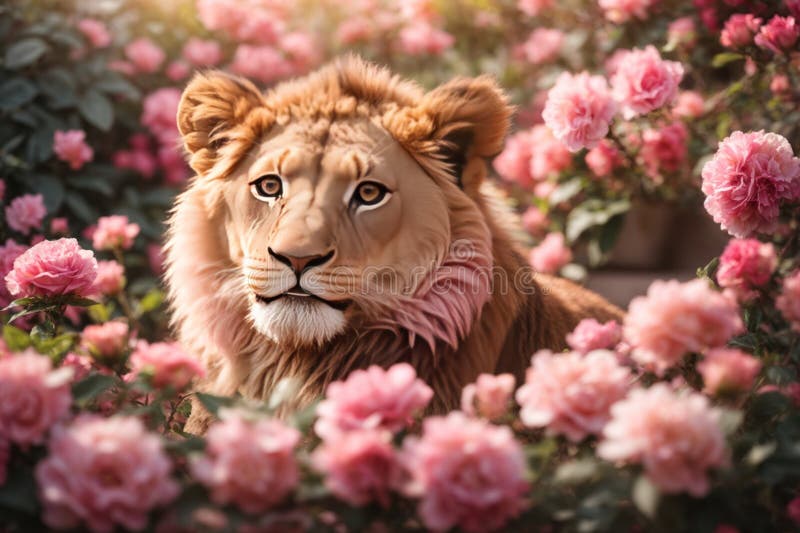 A Cute a Lion Baby in Flowers. Ai Generative Stock Illustration ...