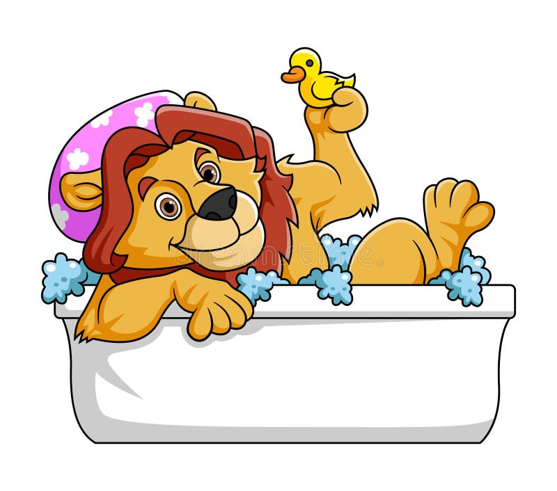 Cute Lion Bathing in Bathtub with Rubber Bath Duck Stock Illustration ...