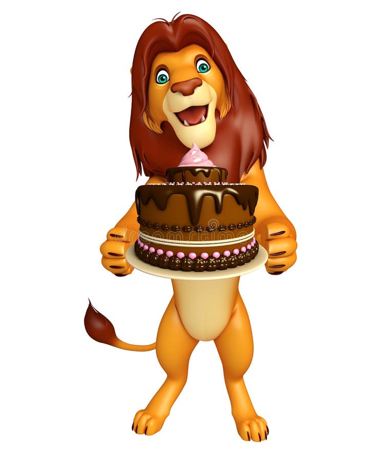 Cute Lion Cartoon Character with Cake Stock Illustration - Illustration ...