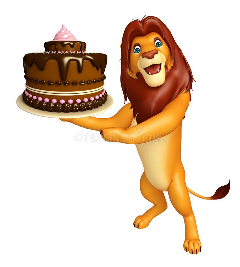 Cute Lion Cartoon Character with Cake Stock Illustration - Illustration ...