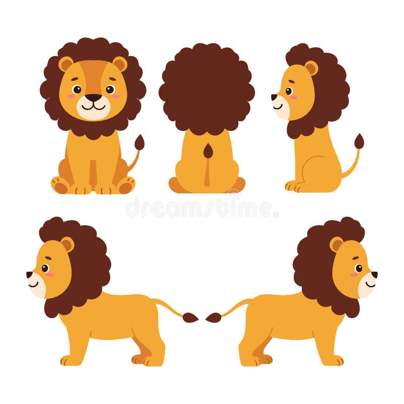 Cute Lion Character Design in Flat Style Showcasing Various Angles and ...