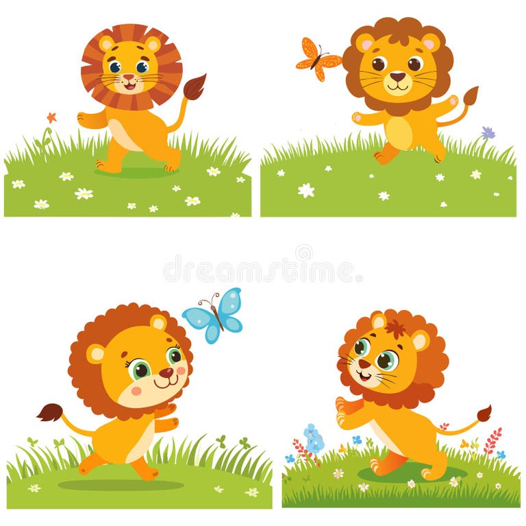 Cute Lion Cub Chasing Butterfly Vector Bundle Set Stock Vector ...