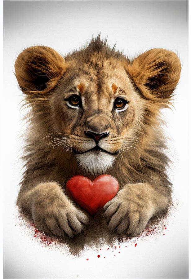 Cute Lion Cub with a Heart in Its Paws. AI Generated Stock Illustration ...
