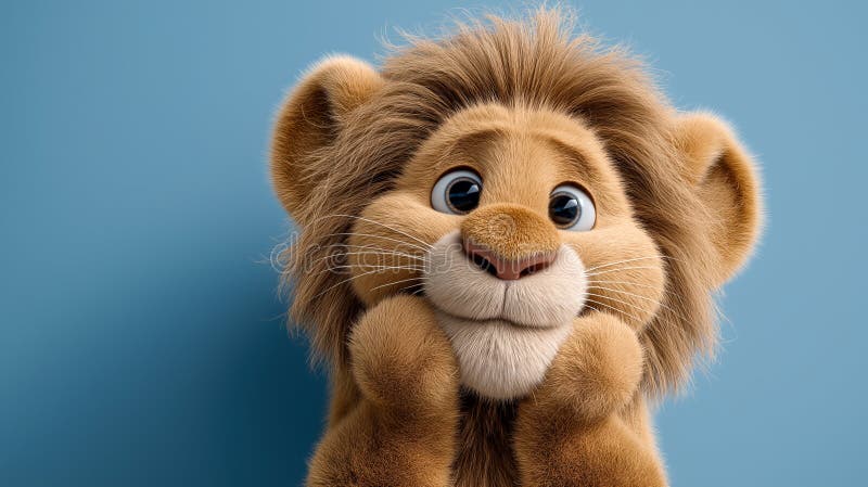 Cute Lion Cub Charming Expression Against Bright Blue Background Stock ...