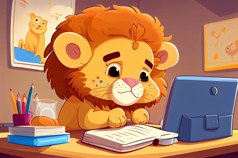 Cute Lion Cub Schoolboy Doing Homework. AI Generated Stock Illustration ...