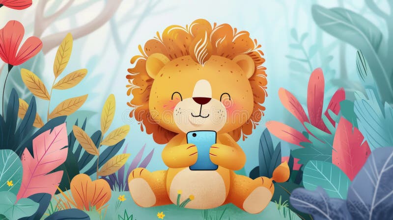 A Cute Lion Cub Sits in a Lush Jungle, Happily Using a Smartphone Stock ...