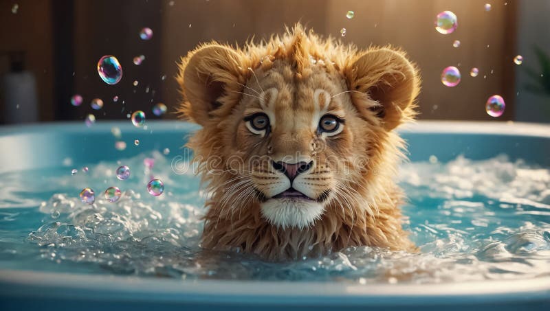 Cute Lion Cub Taking a Bath Stock Illustration - Illustration of ...