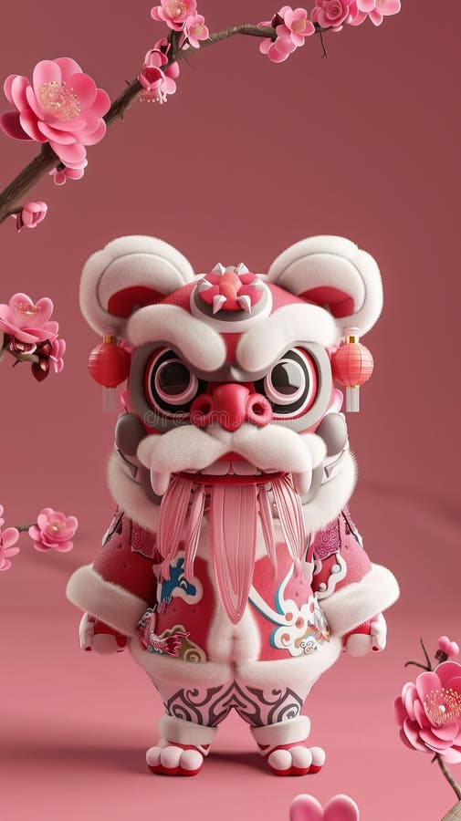 Cute Lion Dance Figure Surrounded by Cherry Blossoms on Pink Background ...