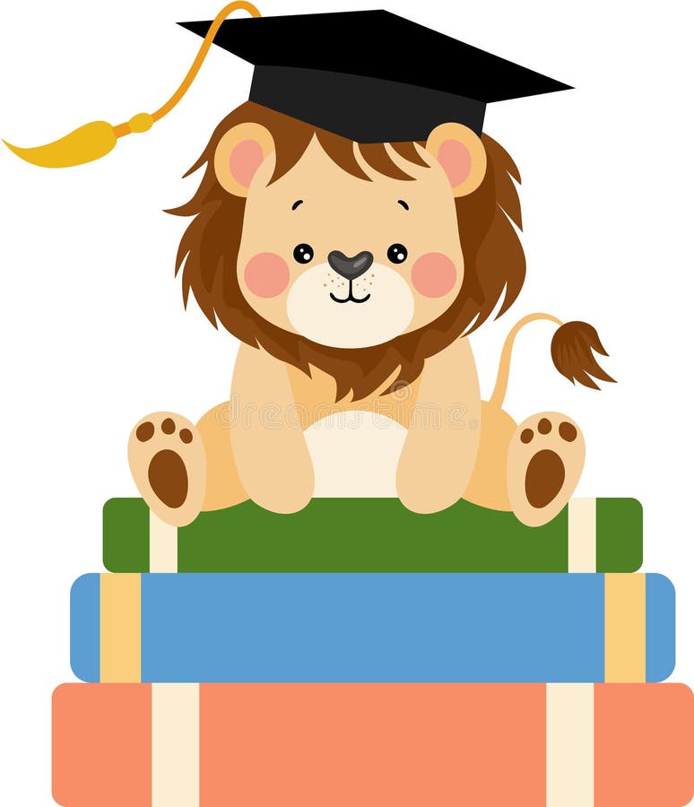 Cute Lion with Graduation Cap Sitting on Top of Books Stock Vector ...