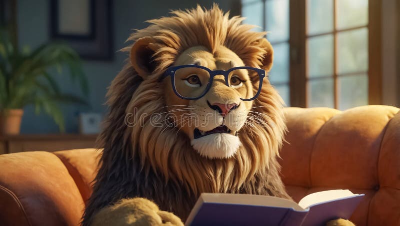 Cute Lion Reading Book at Home Learning Stock Illustration ...