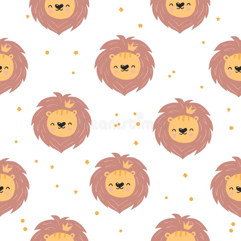 Cute Lion Seamless Pattern. Hand-drawn Vector Illustration Stock Vector ...