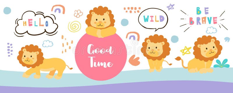 Cute Lion Template Banner with Hello for Horizontal Design Stock Vector ...
