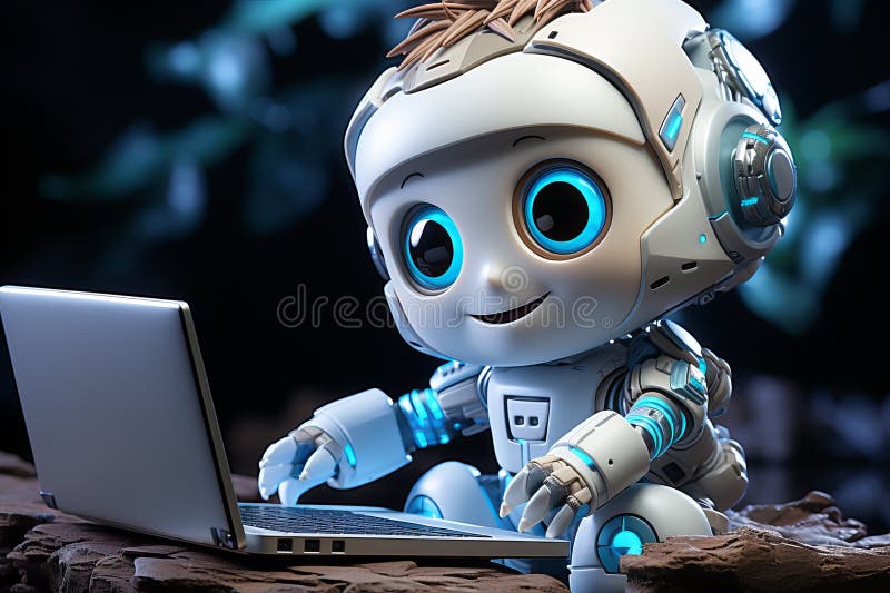 Cute Little Android Robot Works on a Laptop Stock Photo - Image of ...