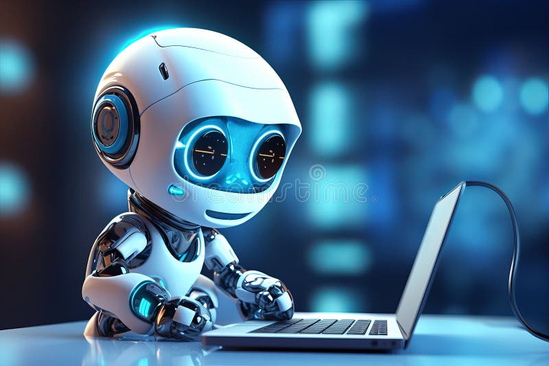 Cute Little Android Robot Works on a Laptop Stock Image - Image of ...