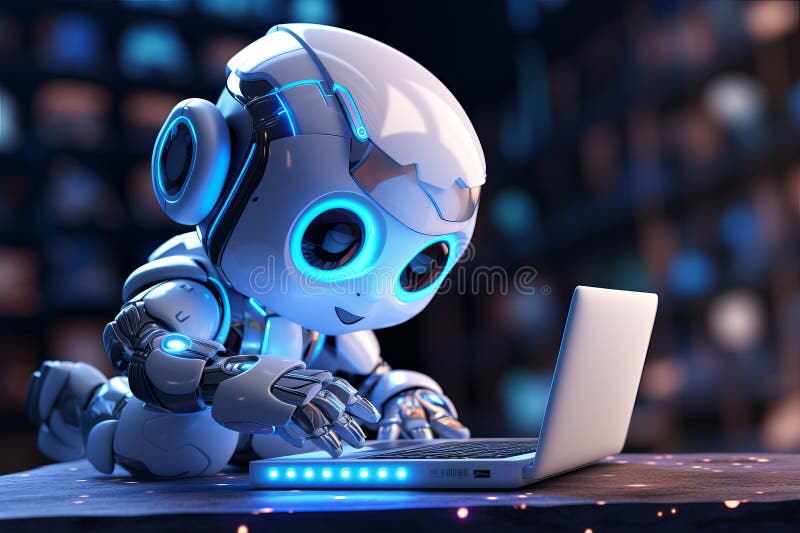 Cute Little Android Robot Works on a Laptop Stock Image - Image of ...