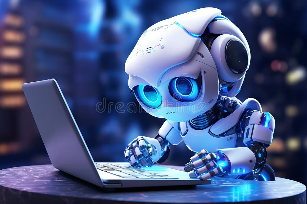 Cute Little Android Robot Works on a Laptop Stock Photo - Image of ...