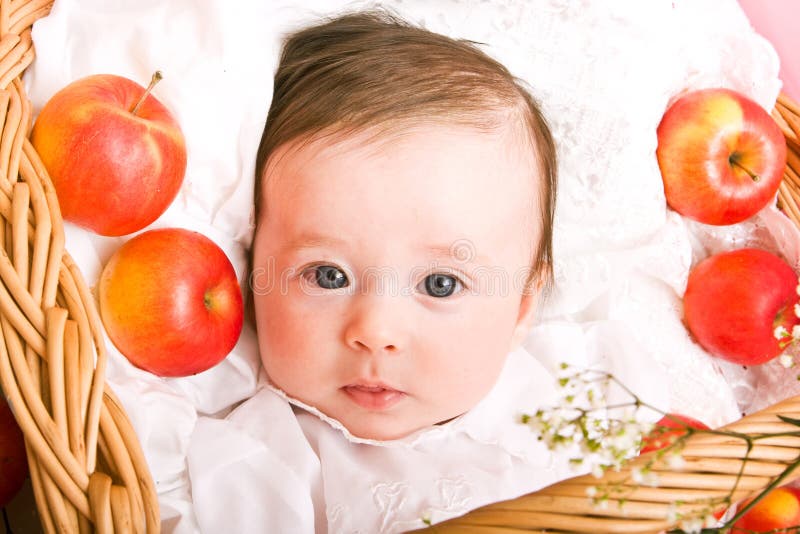 Cute Little Baby with Apples Stock Photo - Image of love, innocence ...