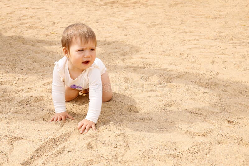 Cute Little Baby Barefoot on the Sand with Copy Space Stock Image ...