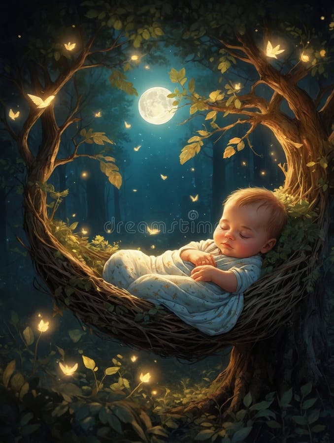 Cute Little Baby Boy Sleeping in a Tree with Full Moon Stock ...