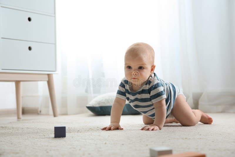 Cute Little Baby Crawling on Carpet Stock Photo - Image of caucasian ...