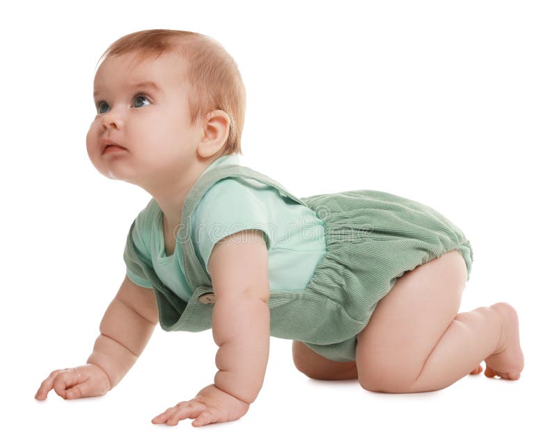 Cute Little Baby Crawling on White Background Stock Photo - Image of ...