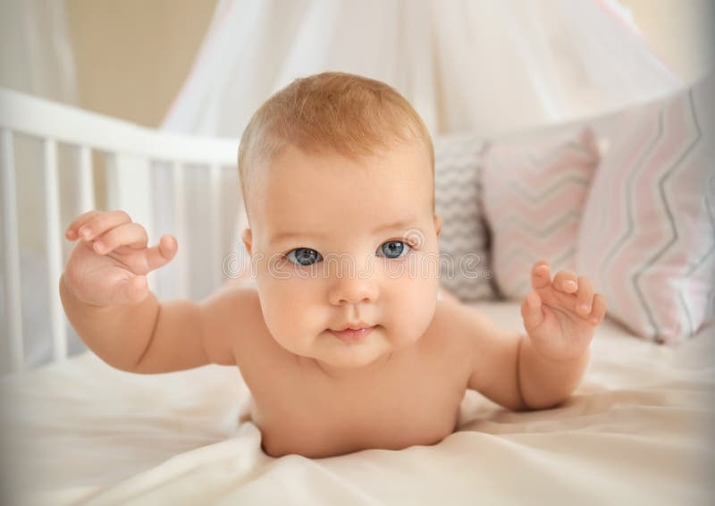 Cute Little Baby Lying in Crib Stock Image - Image of lying, happiness ...