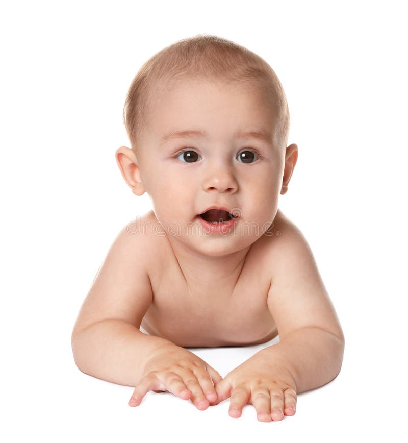 Cute Little Baby Lying on White Stock Photo - Image of emotion, human ...