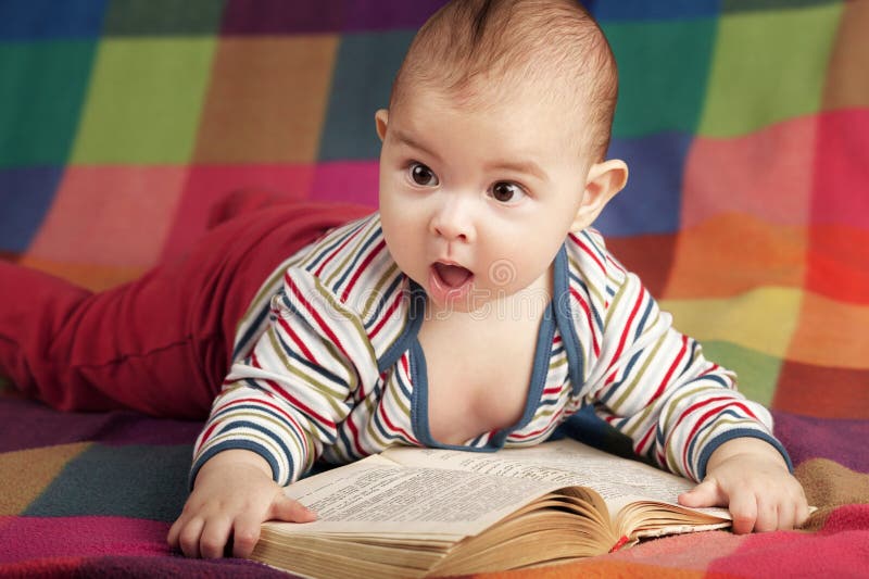 Cute Little Baby Reading Book Stock Image - Image of infant, childhood ...