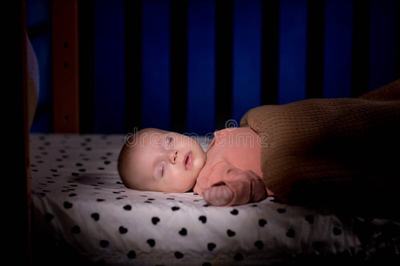 Cute Little Baby Sleeping in Cradle at Home Night Stock Photo - Image ...