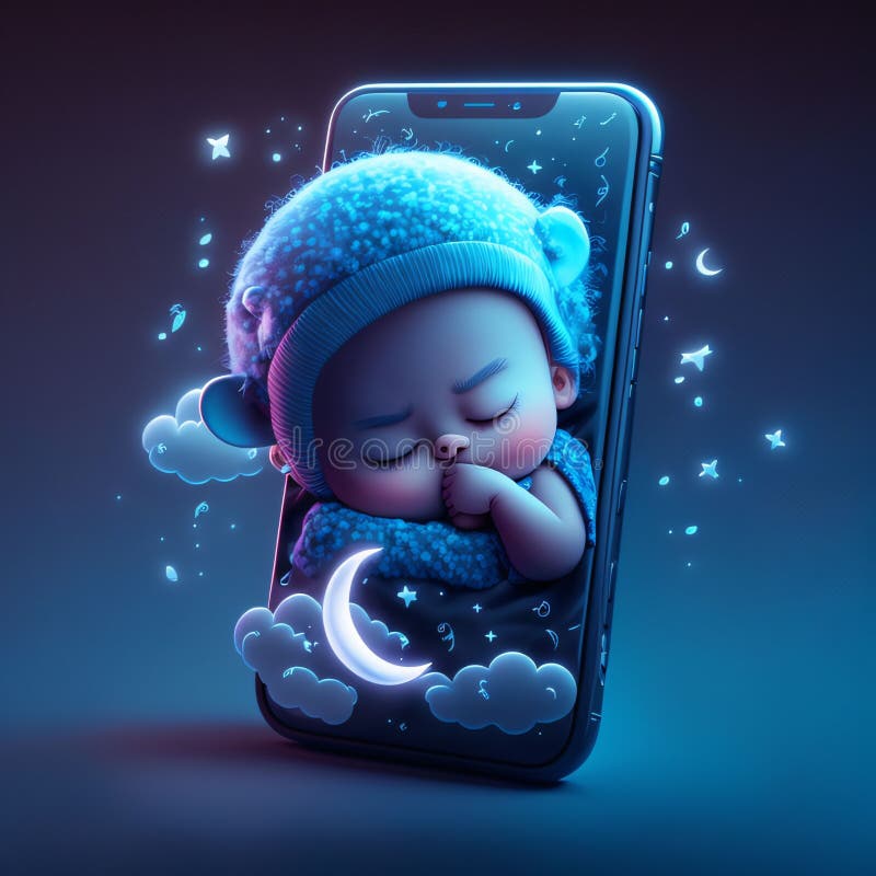 Cute Little Baby Sleeping on the Phone Screen. 3D Rendering Stock ...