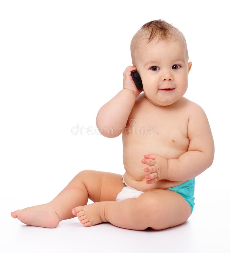 Cute Little Baby is Talking on Cell Phone Stock Photo - Image of ...